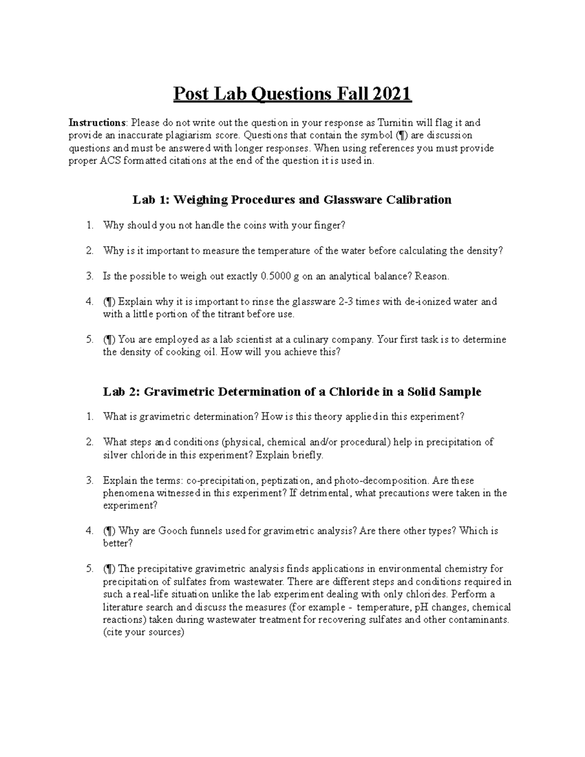 Post Lab Questions for Chemistry Labs - Fall 21 (2021) - Studocu