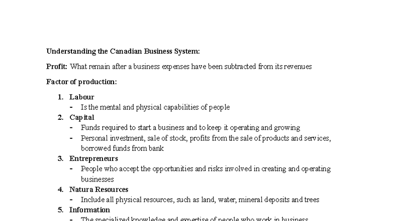 Chapter 1: Understanding the Canadian Business System (Bus 201) - Studocu
