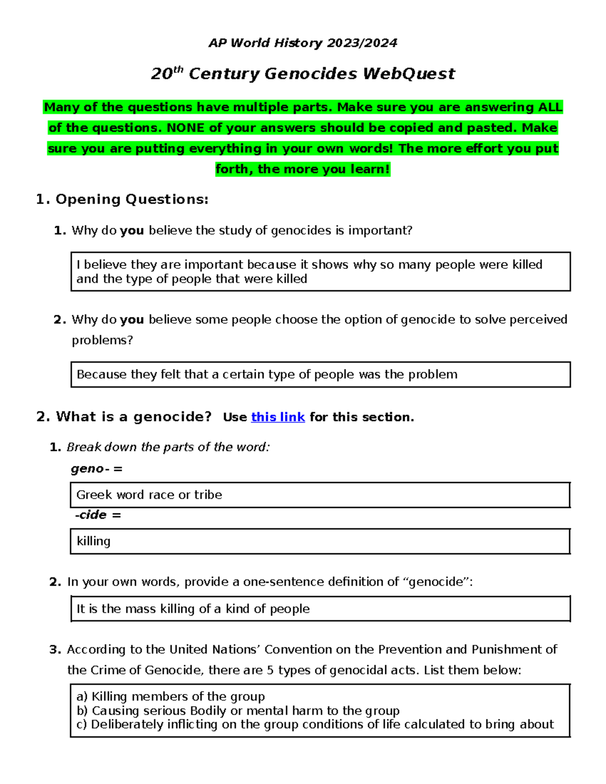 20th Century Genocides Web Quest April 2024 - AP World History 2023/ 20 ...