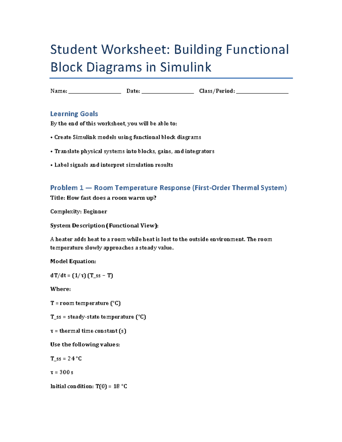 Simulink Worksheet: Functional Block Diagrams & Examples - Studocu