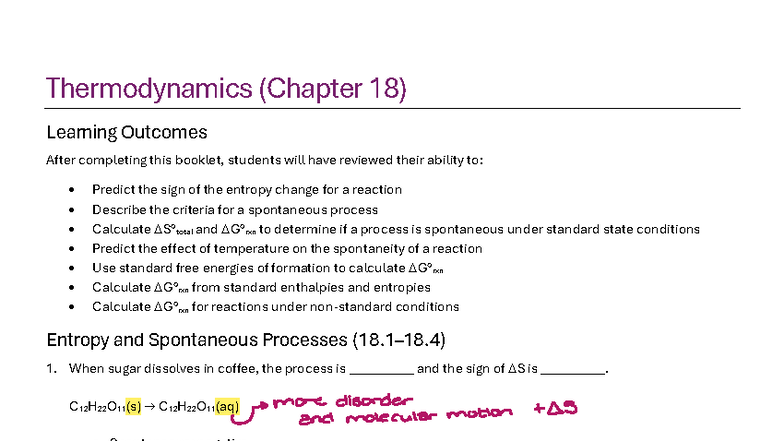 Thermodynamics (Chapter 18) - Entropy, Spontaneity & Gibbs Free Energy ...