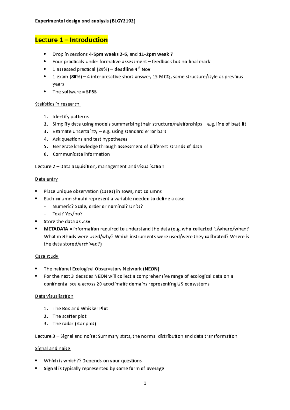Experimental Design and Analysis Lecture Notes (Blgy2192 ...