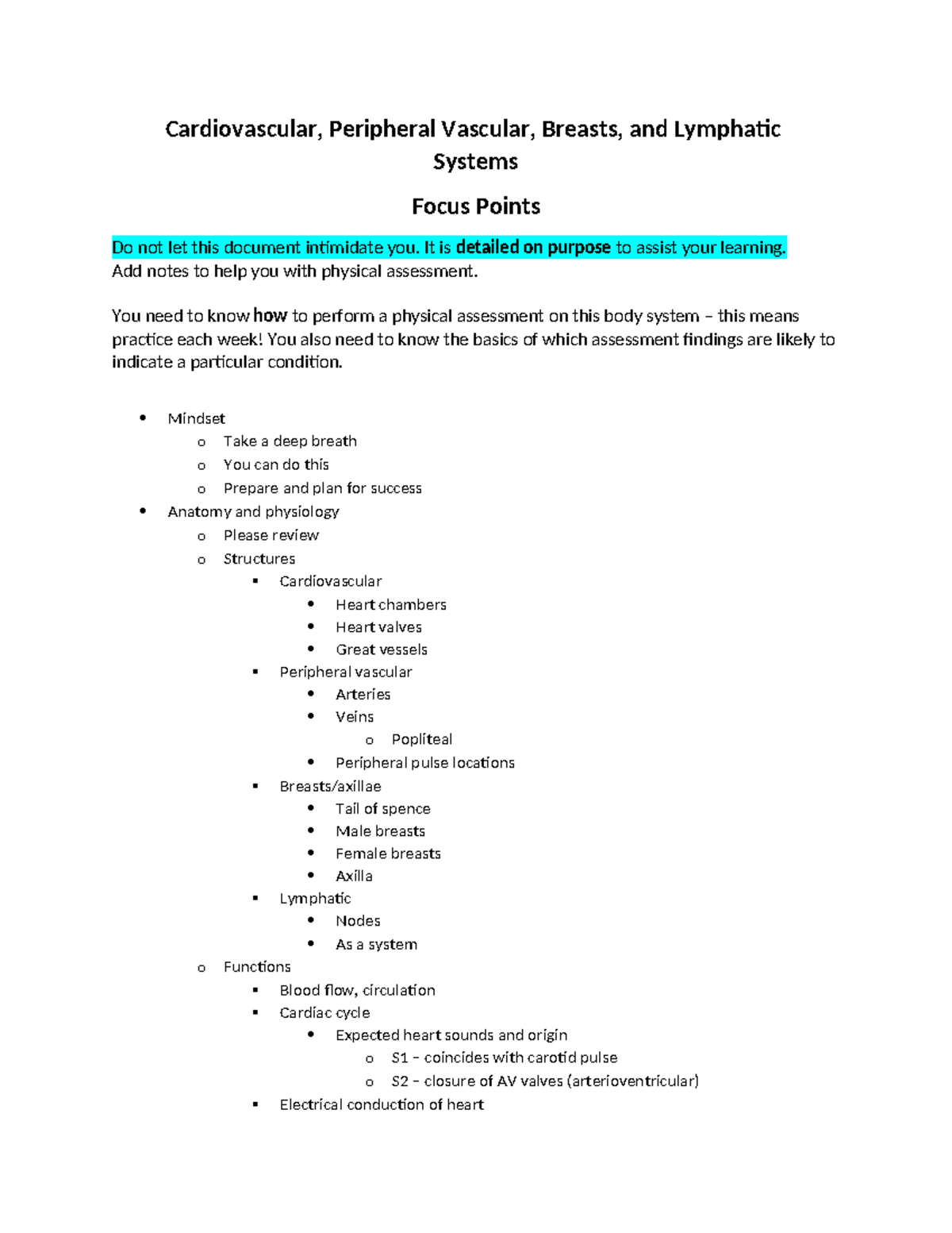 Cardiovascular Assessment Focus Points for Clinical Practice - Studocu