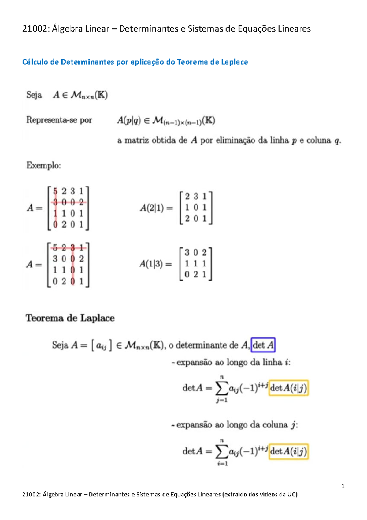 21002: Álgebra Linear - Cálculo de Determinantes e Sistemas - Studocu