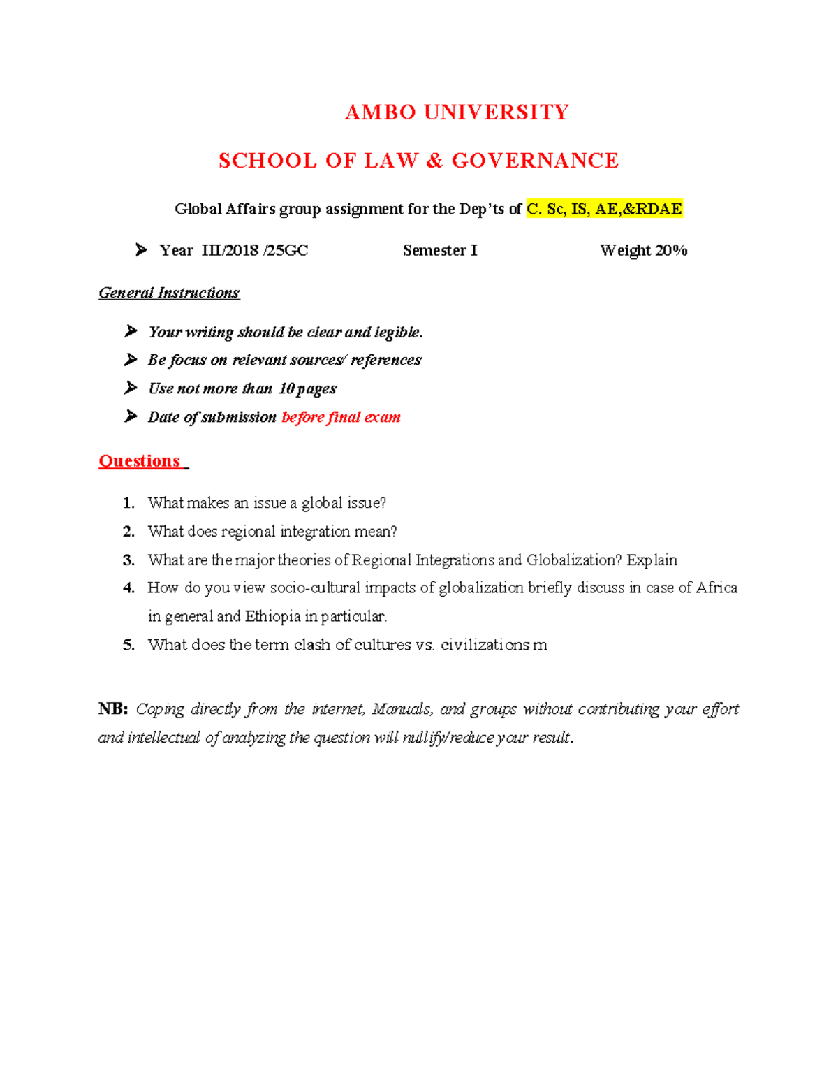 Global Affairs Group Assignment - C. Sc, IS, Year 1, Sem I - Studocu