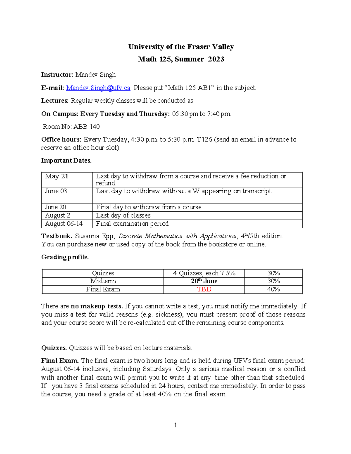 Course Outline Math 125 AB1 - 1 University of the Fraser Valley Math ...