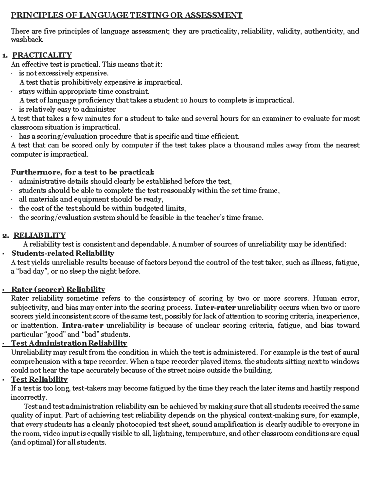 Principles of Language Testing and Assessment: Practicality ...