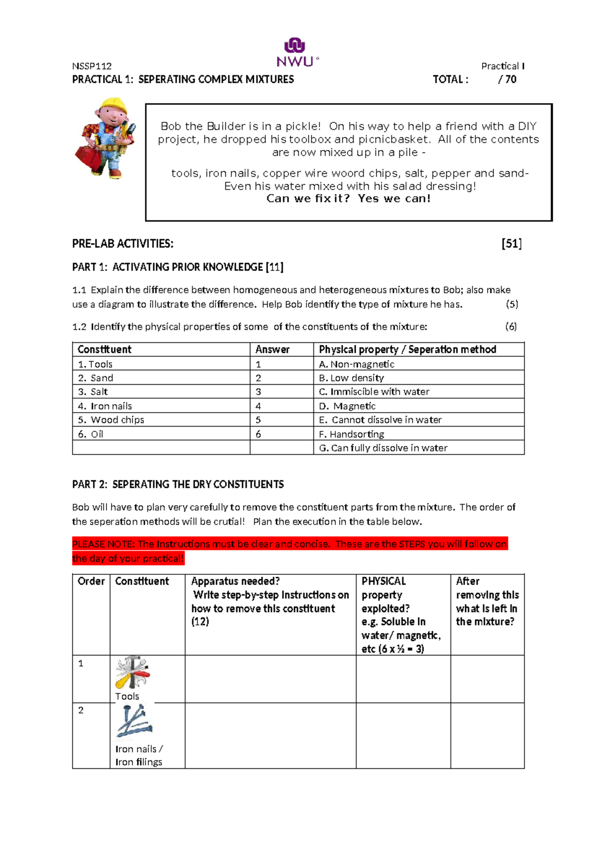 NSSP112 Practical 1: Separating complex mixtures and methods - Studocu