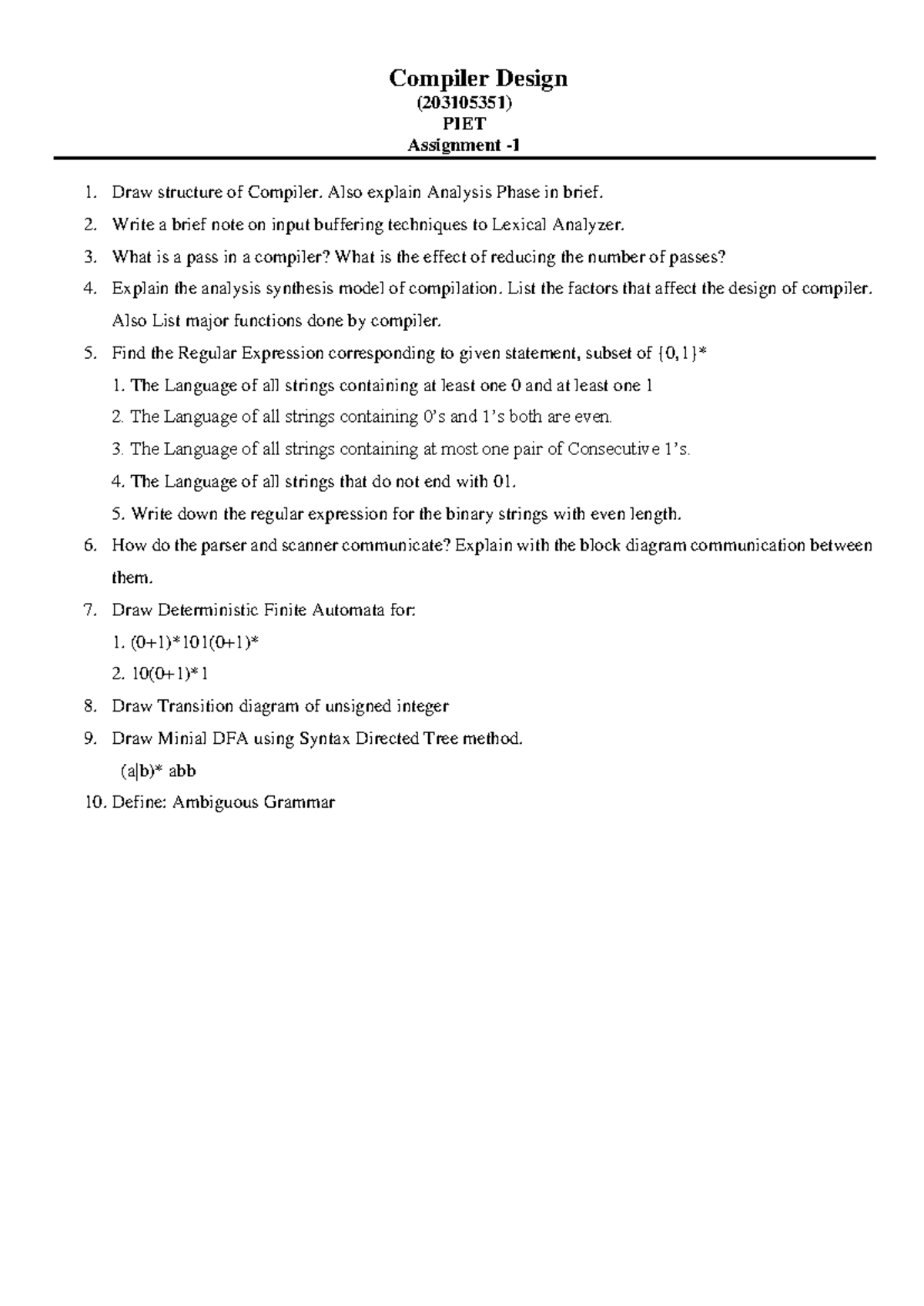 Assignment-1 - document - Compiler Design (203105351) PIET Assignment - 1 Draw structure of ...