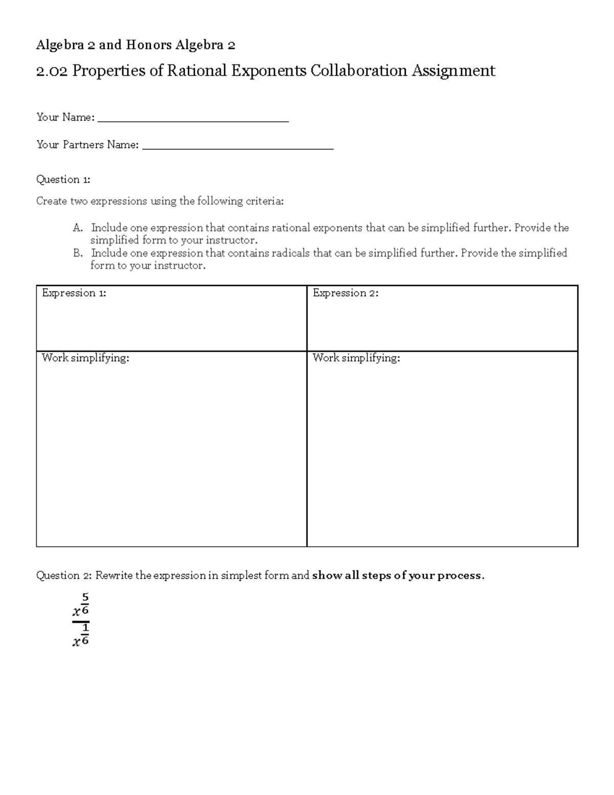 Algebra 2 2.02 Properties of Rational Exponents Collaboration ...