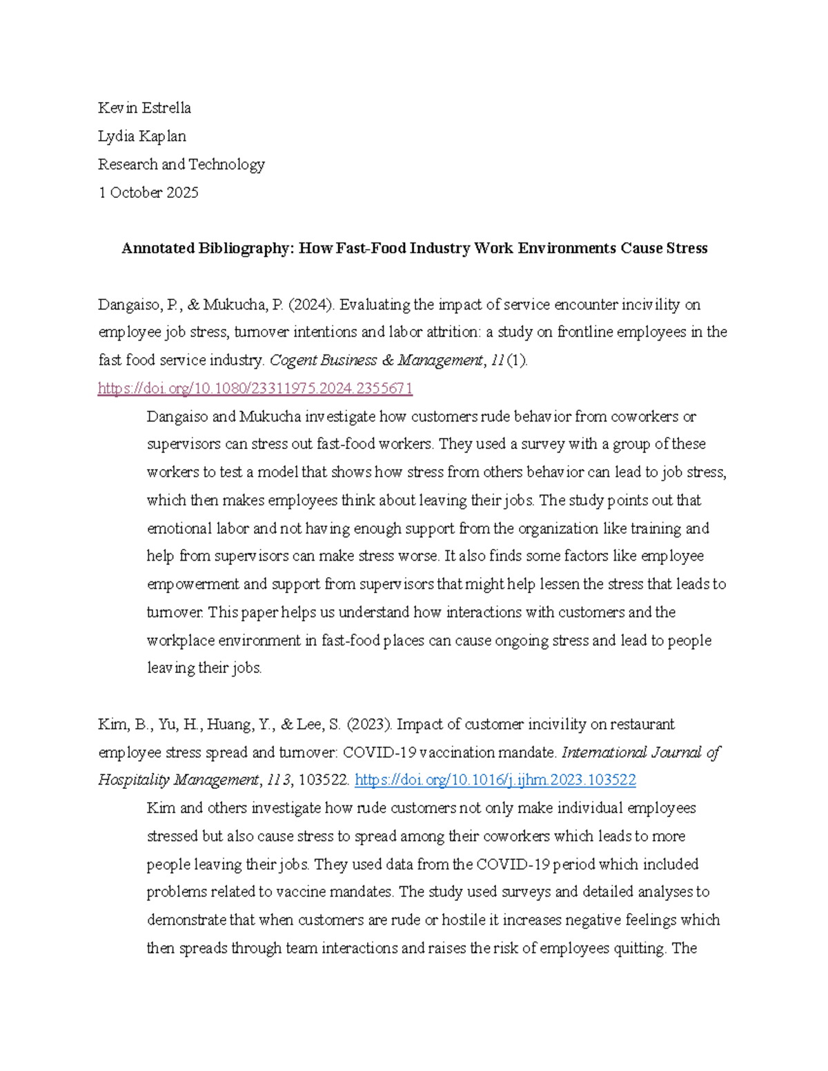 Annotated Bibliography: Industry Work Environments & Employee Stress ...