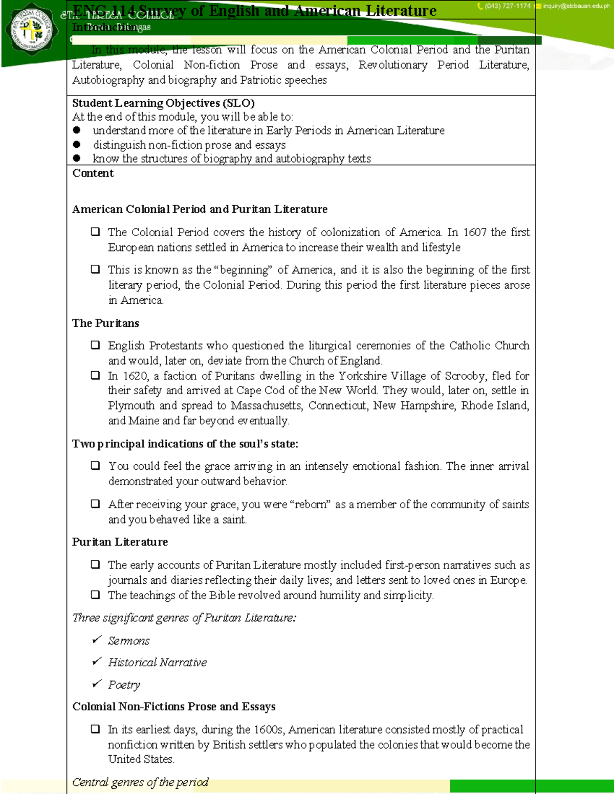 ENG 114 American Colonial Period & Puritan Literature Overview - Studocu