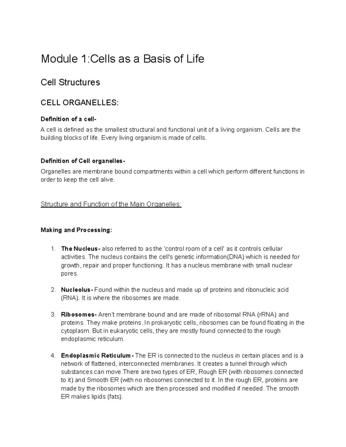 Biology Module 1 - Cell Structure and Functions Overview - Studocu