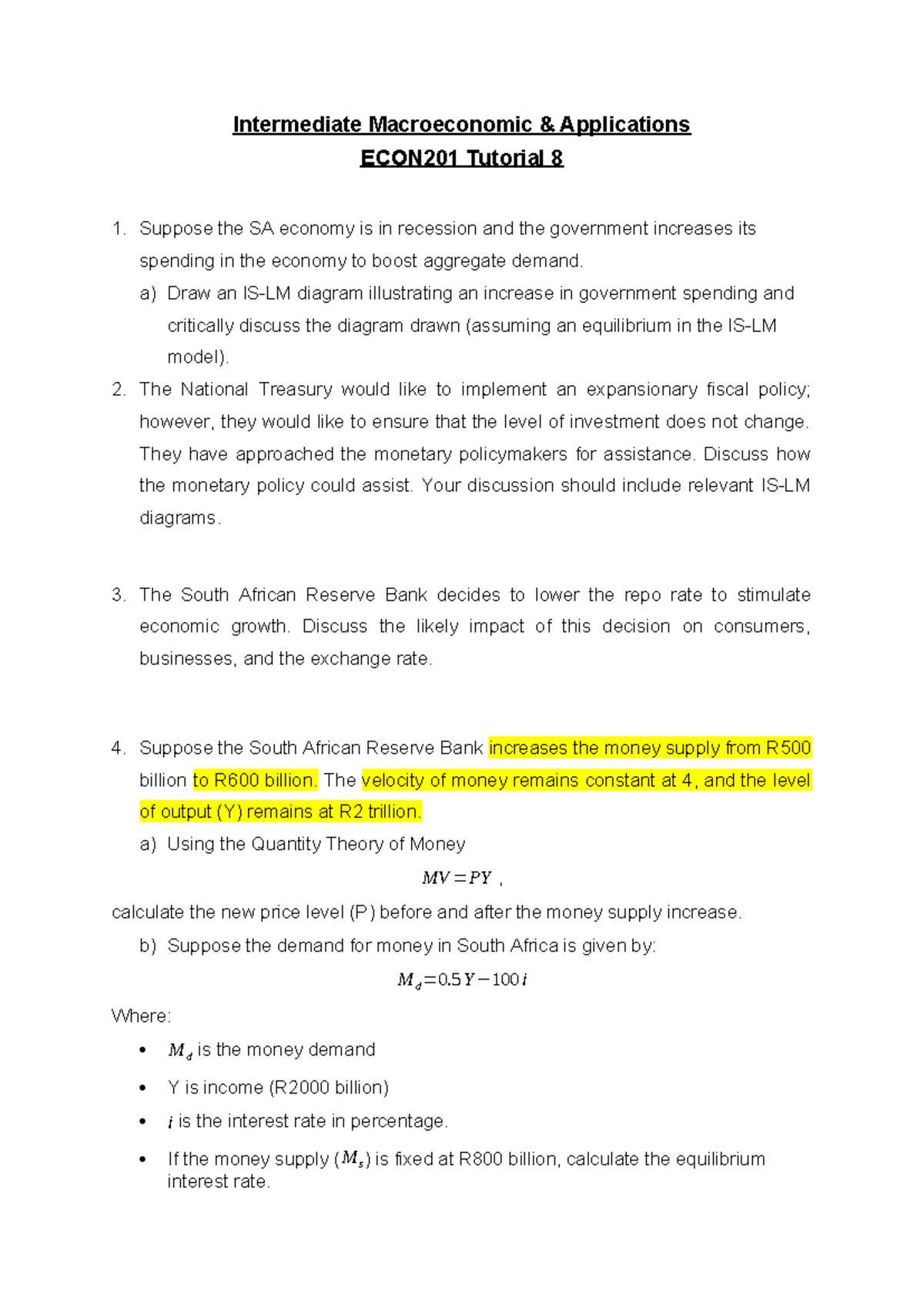 ECON201 Tutorial 8: Macroeconomic Applications & Fiscal Policy Analysis - Studocu