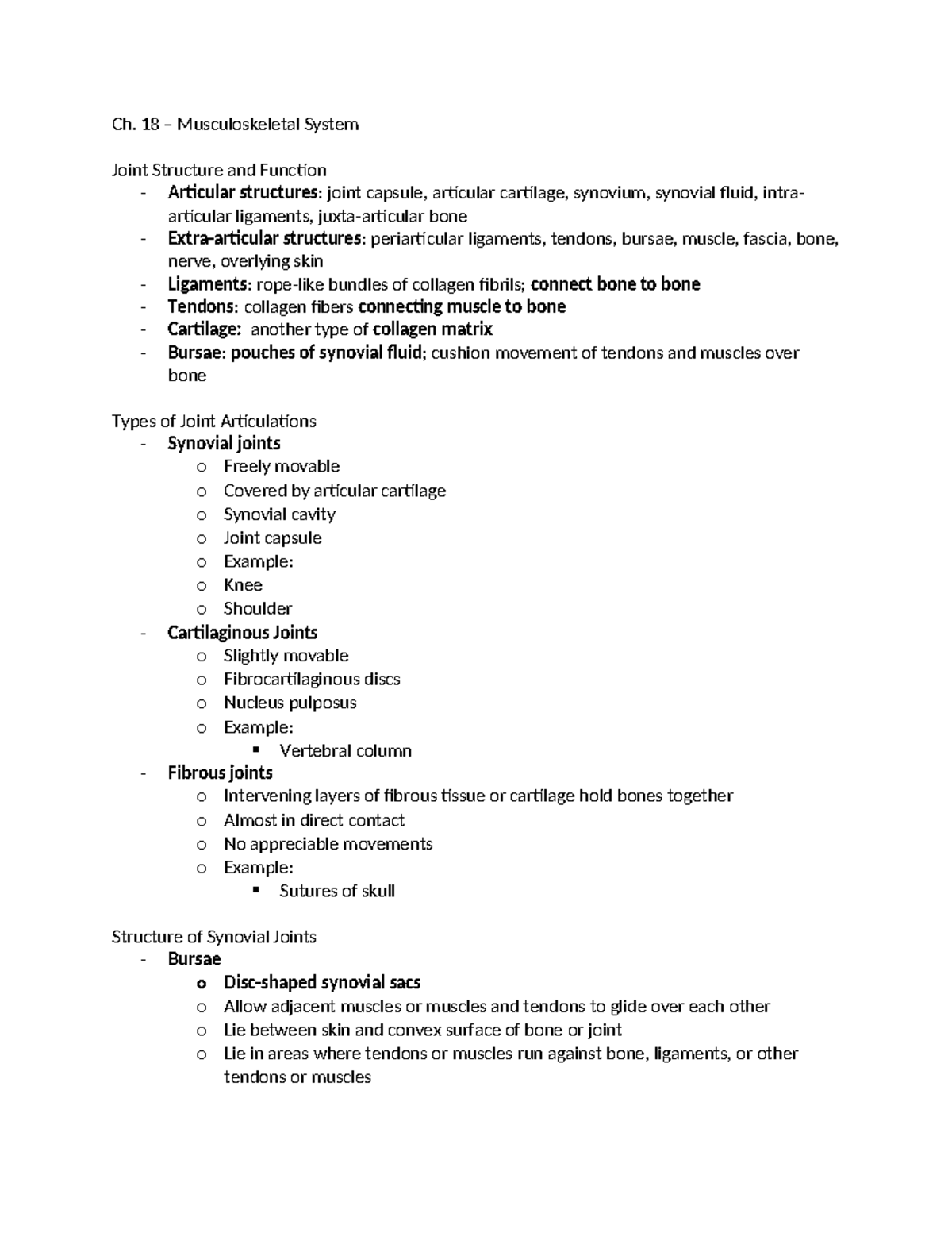 Musculoskeletal System Review Notes for Exam 2 (Ch. 18) - Studocu