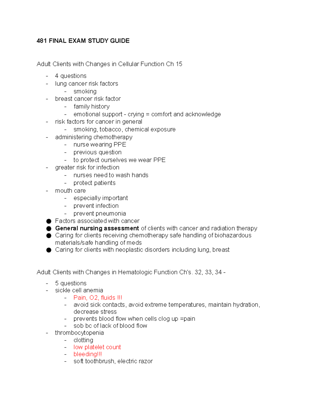 481 Final Exam Study Guide: Key Topics for Nursing Care - Studocu