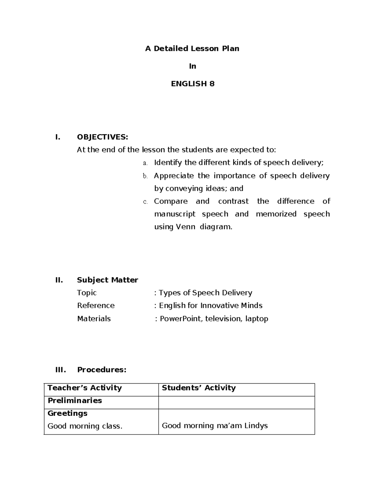 ENGLISH 8 - Types of Speech Delivery Lesson Plan and Activities - Studocu