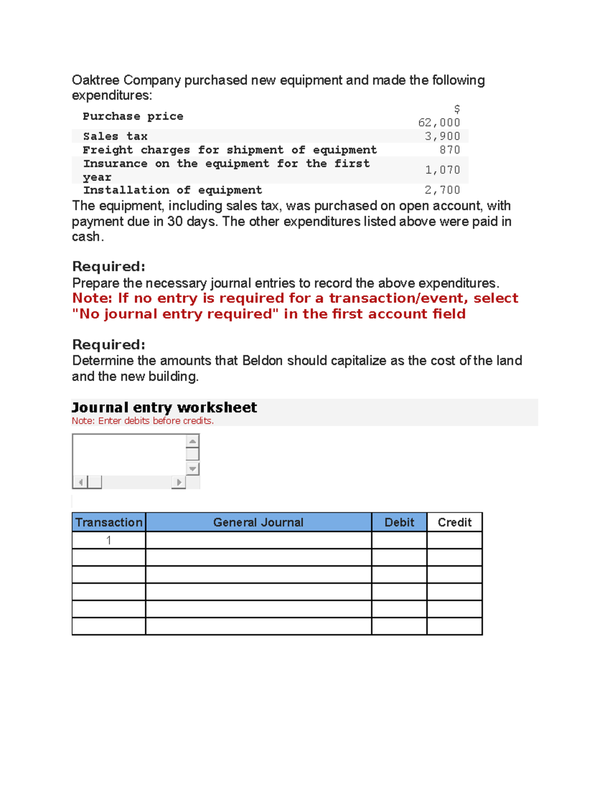 Oaktree Company - Journal Entries for Equipment Purchases and Costs ...