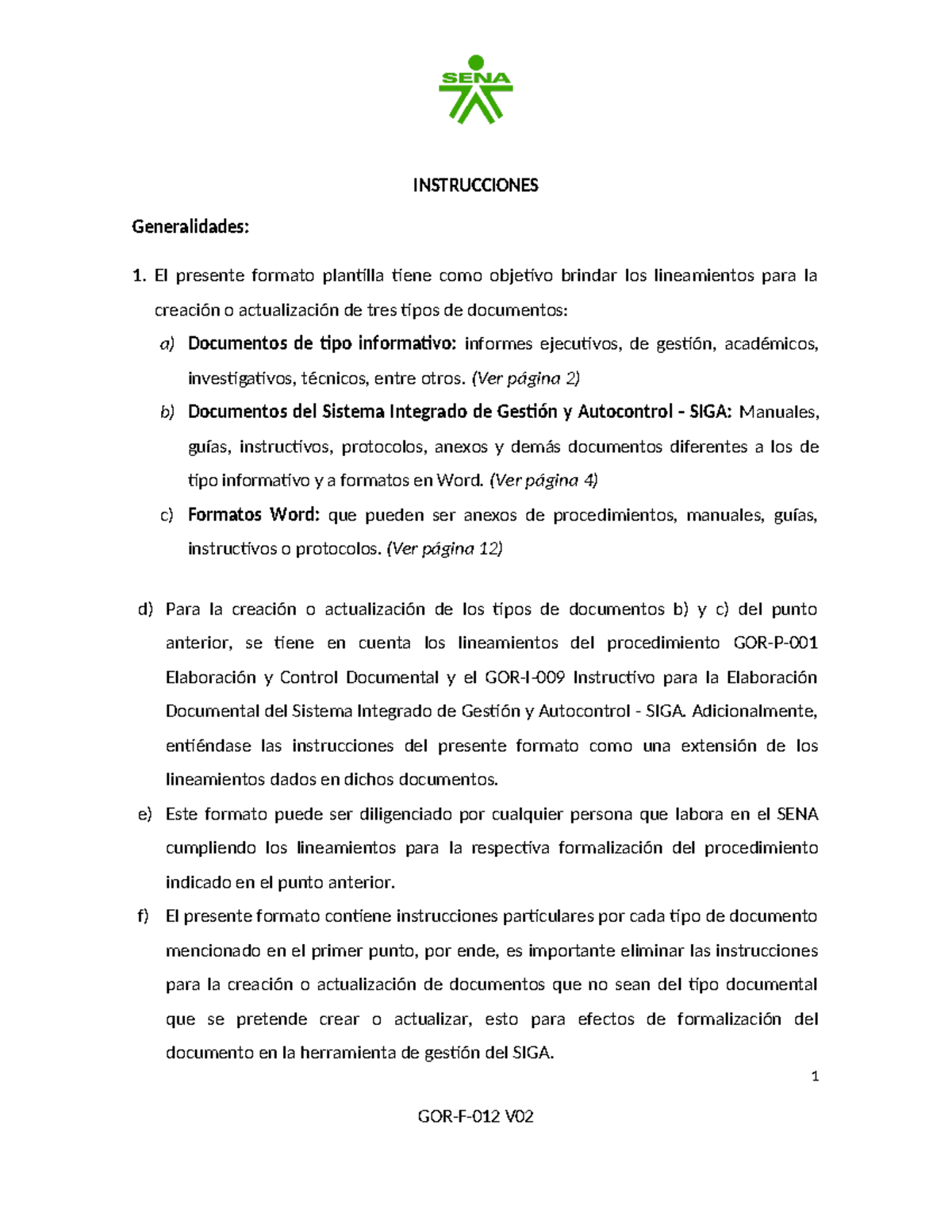 Plantilla GOR-F-012 para Documentos en Word - SIGA 02 Instrucciones - Studocu