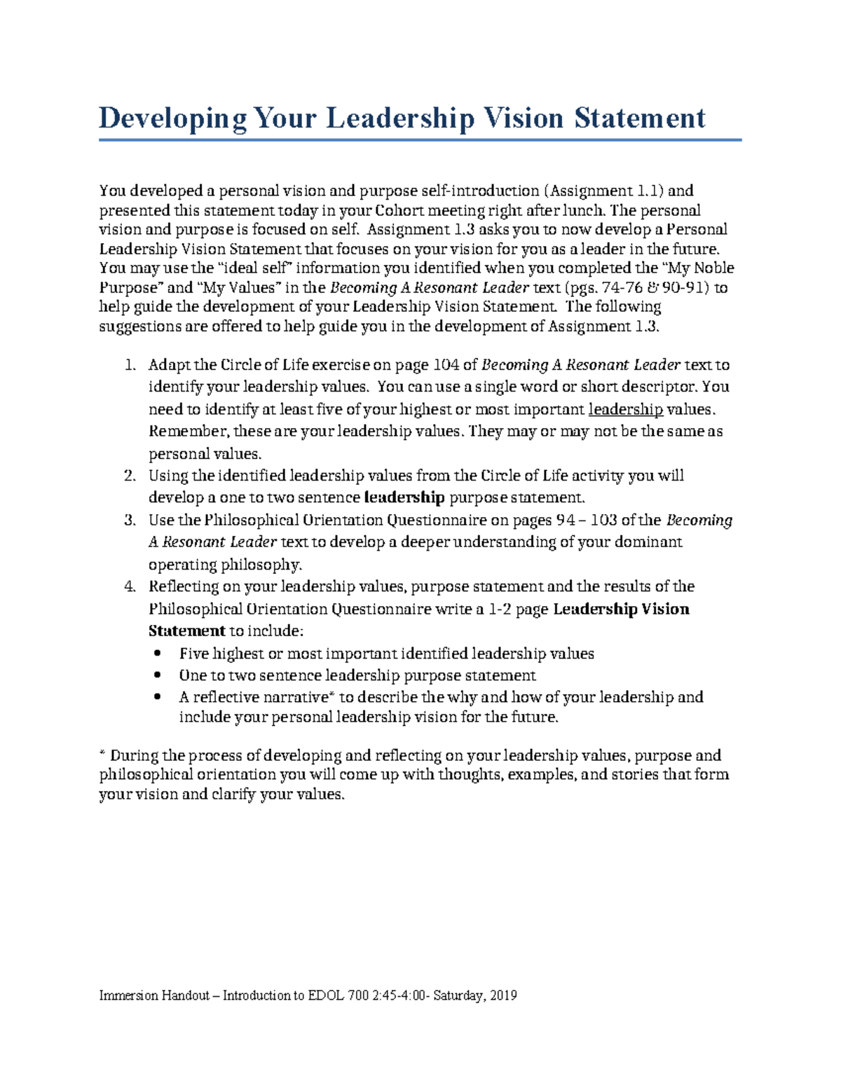 EDOL700 Assignment 1.3: Personal Leadership Vision Statement Guide ...