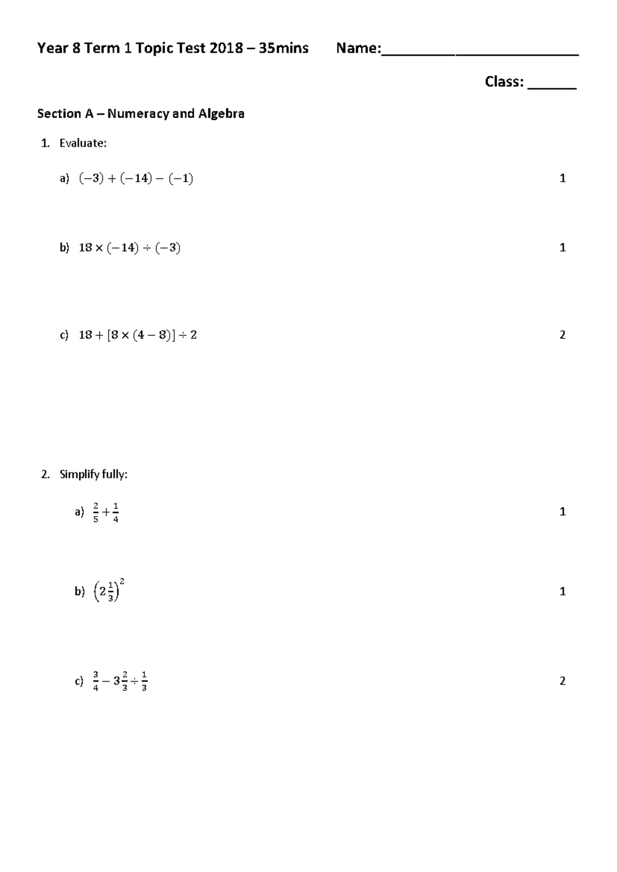 Year 8 Term 1 Topic Test 2018: Set Theory & Algebra - Studocu