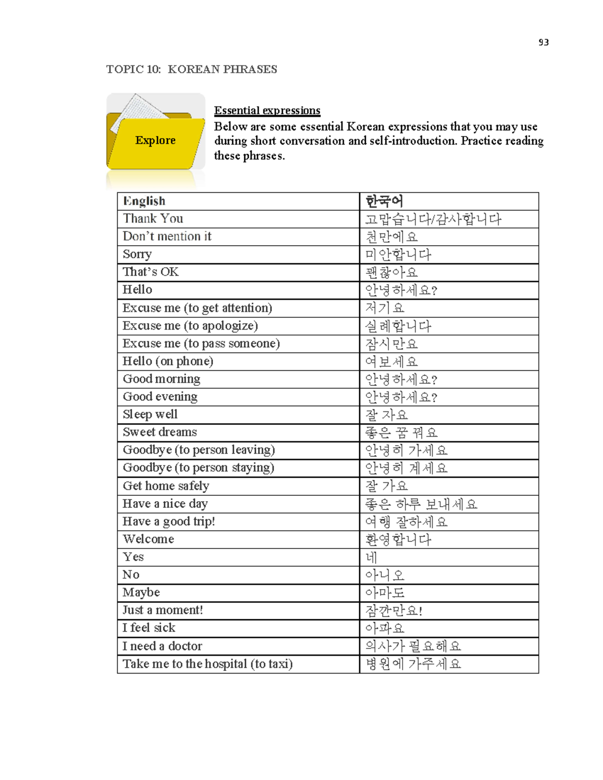 Foreign language Topic 10 - TOPIC 10: KOREAN PHRASES Essential ...