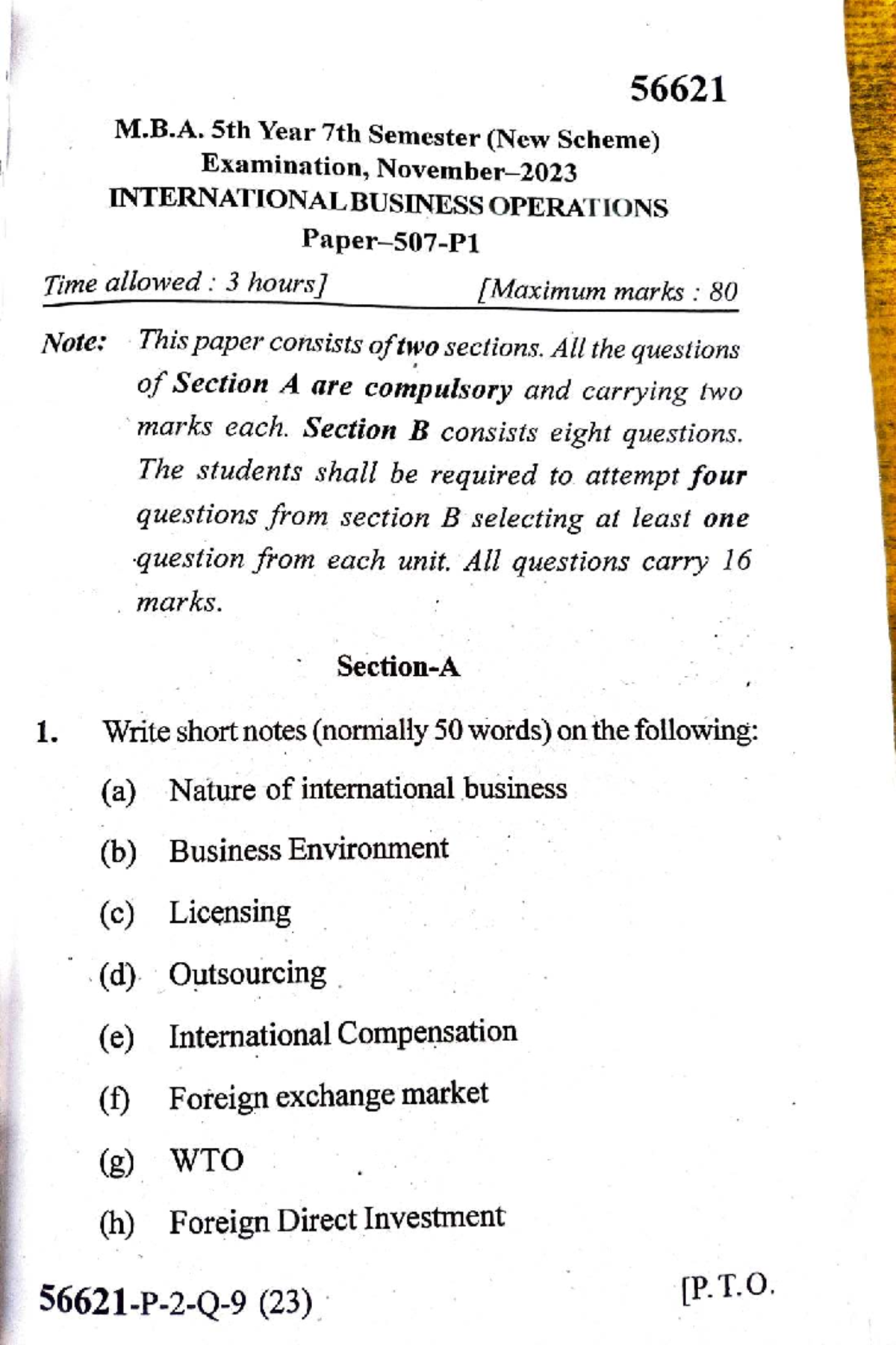 MBA 56621 5th Year 7th Semester Exam: International Business Operations ...