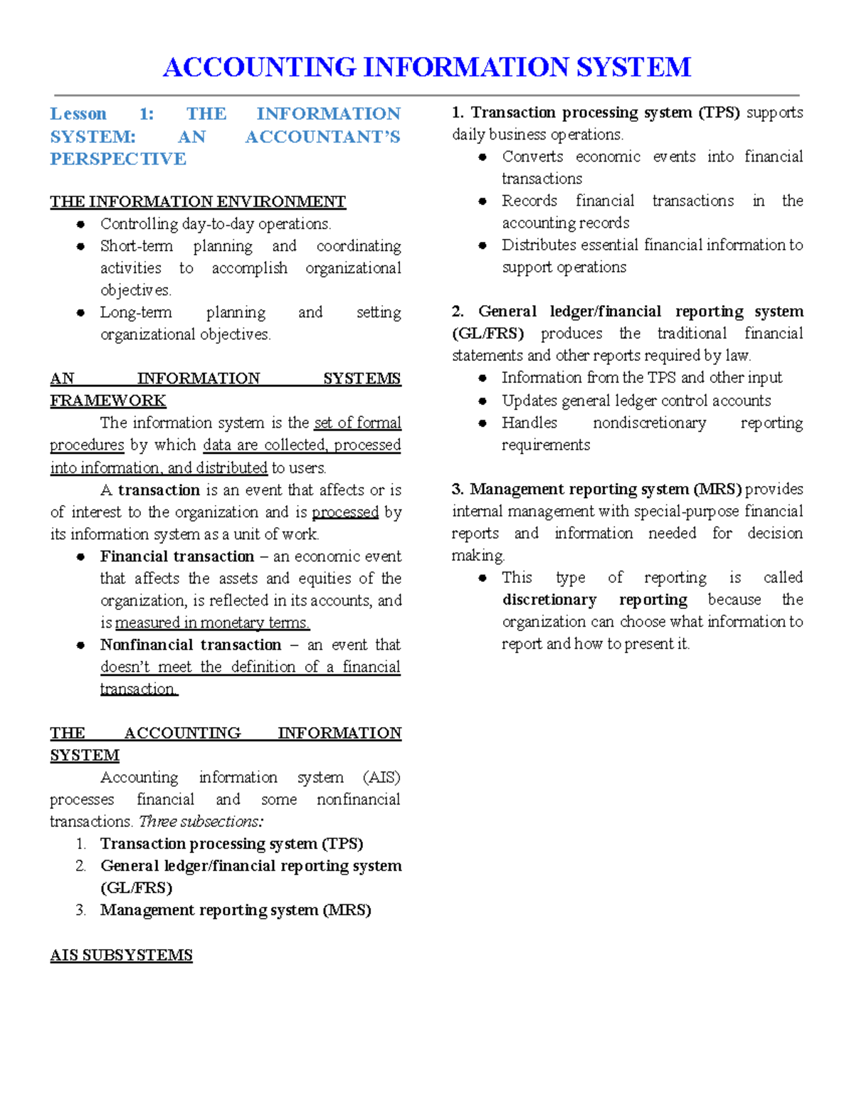 ACCOUNTING INFORMATION SYSTEM (AIS) Lesson 1: Overview and Framework ...