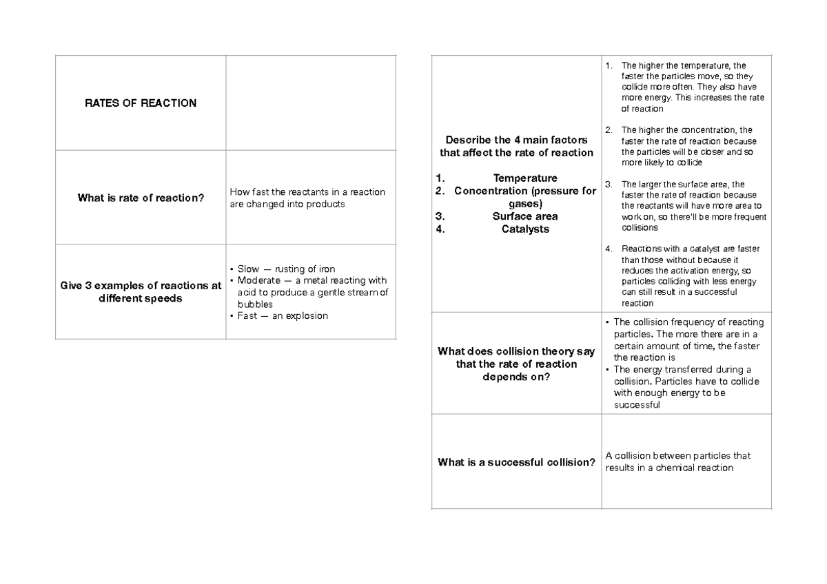 Gcsechemistry Paper 2Flashcards - RATES OF REACTION What is rate of ...