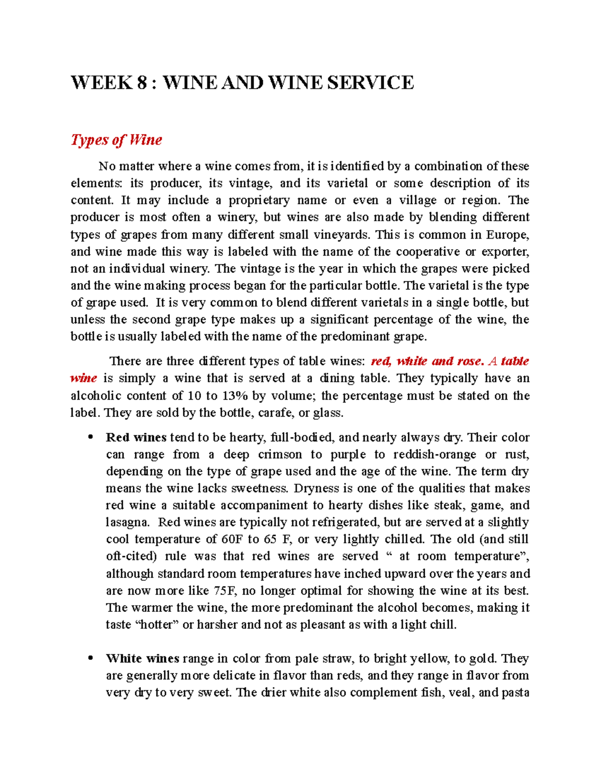 WEEK 8 FFSO Lecture: Understanding Wine Types and Service - Studocu