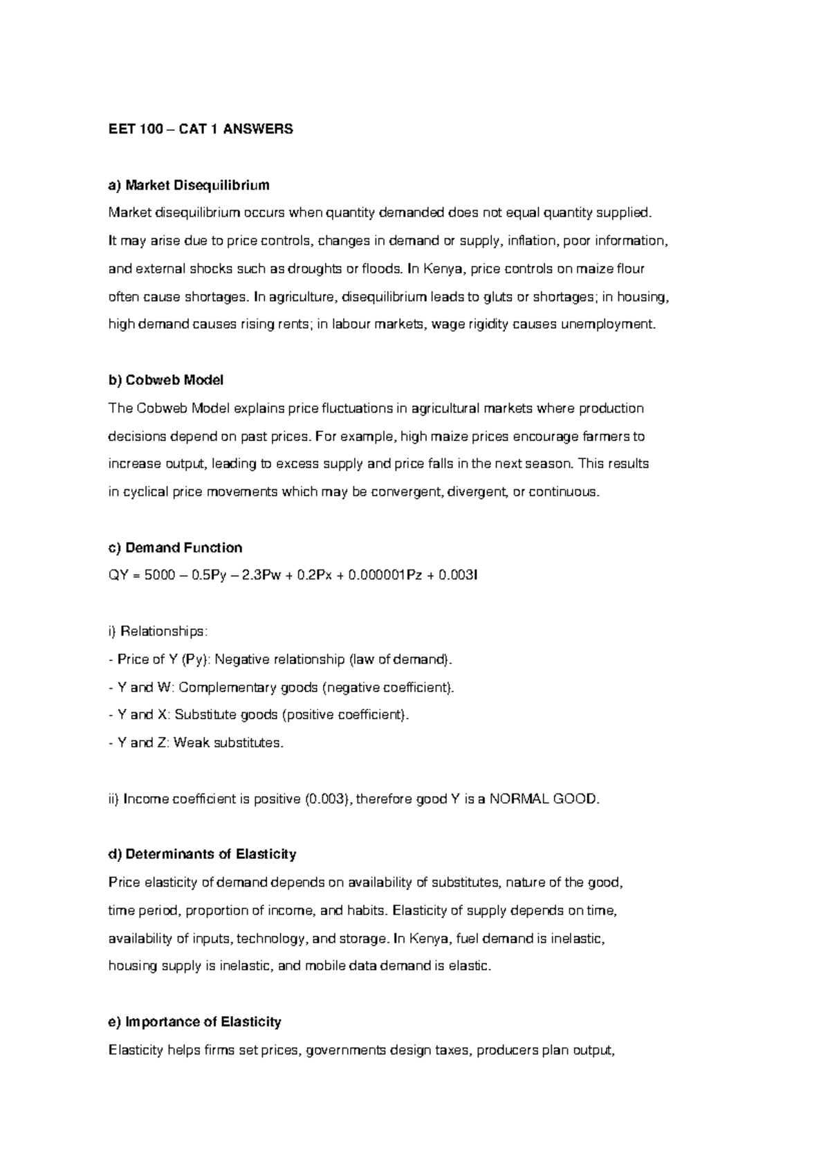 EET 100 CAT 1 Market Disequilibrium & Elasticity Insights - Studocu