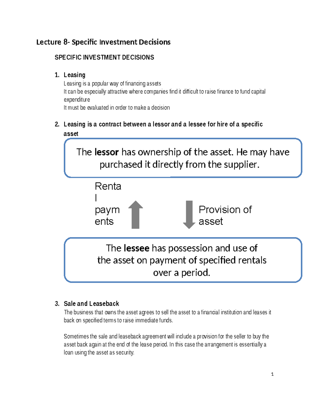Brief Notes -Lecture 8-Specific Investment Decisions - Lecture 8 ...