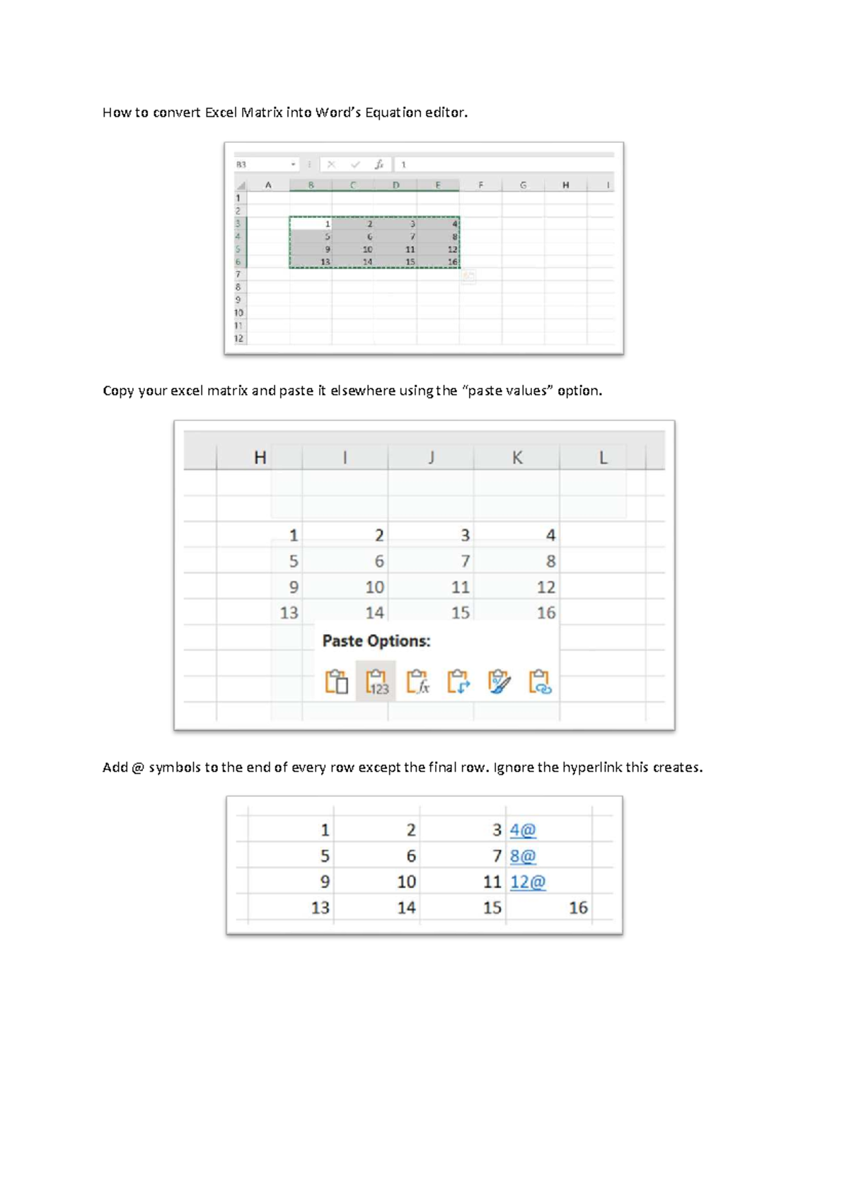 Converting Excel Matrix to Equation Editor in Word - Studocu
