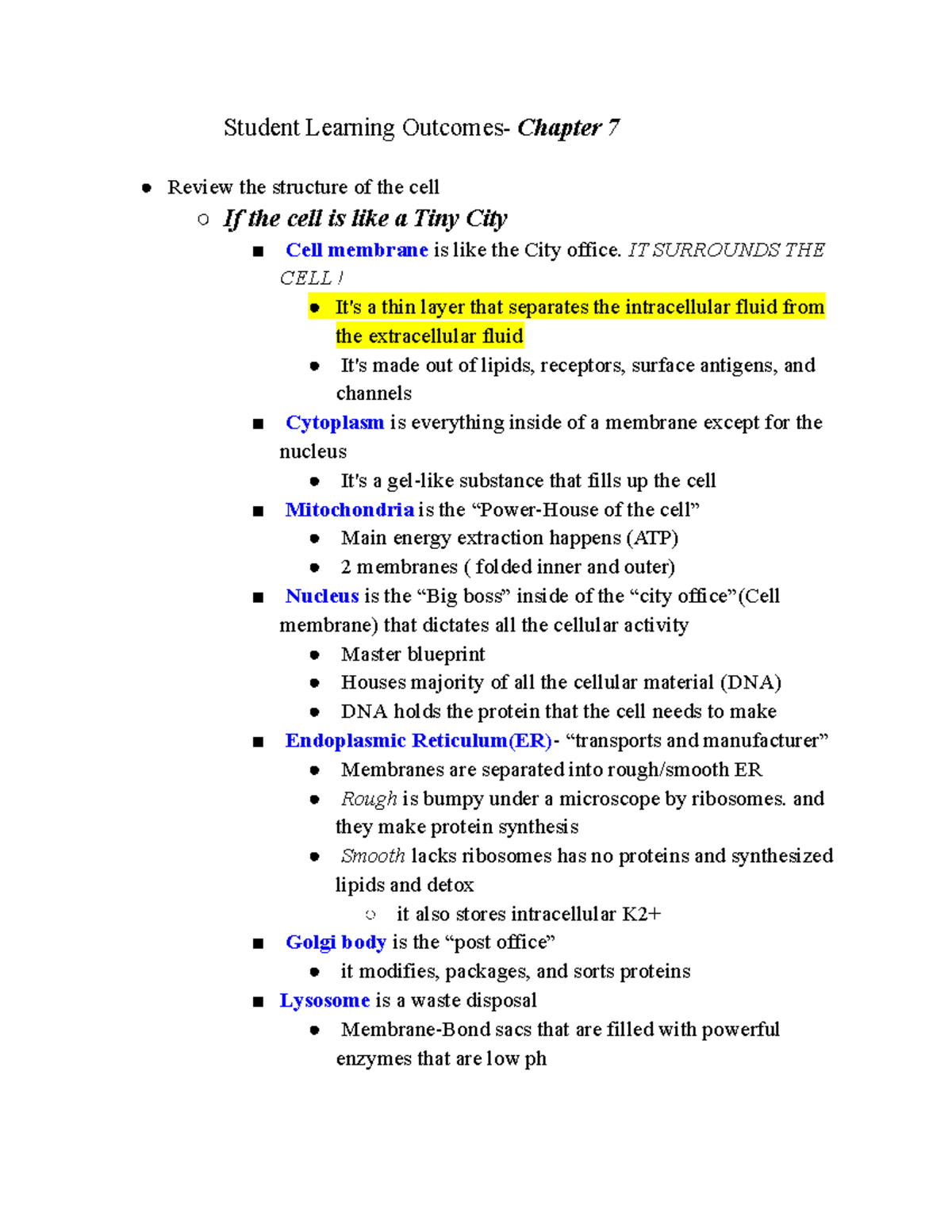 Cell Structure and Function: Chapter 7 Review Notes - Studocu