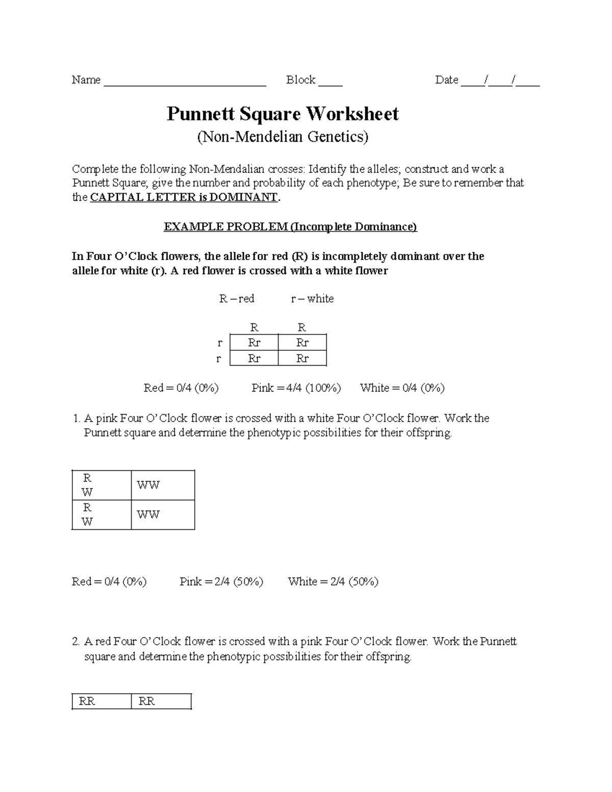 Non-Mendalian Genetics Punnett Square Worksheet (SCI 101) - Studocu