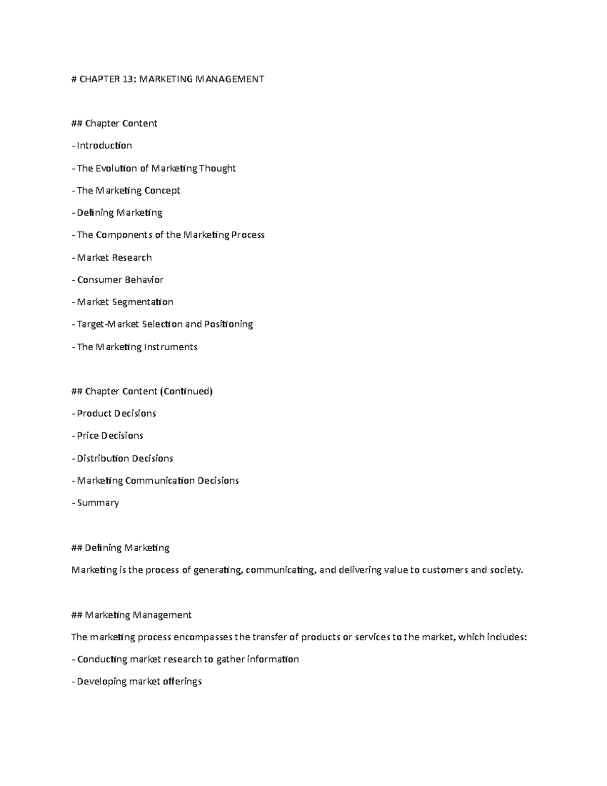 CHAPTER 13: MARKETING MANAGEMENT - Summary and Key Concepts - Studocu