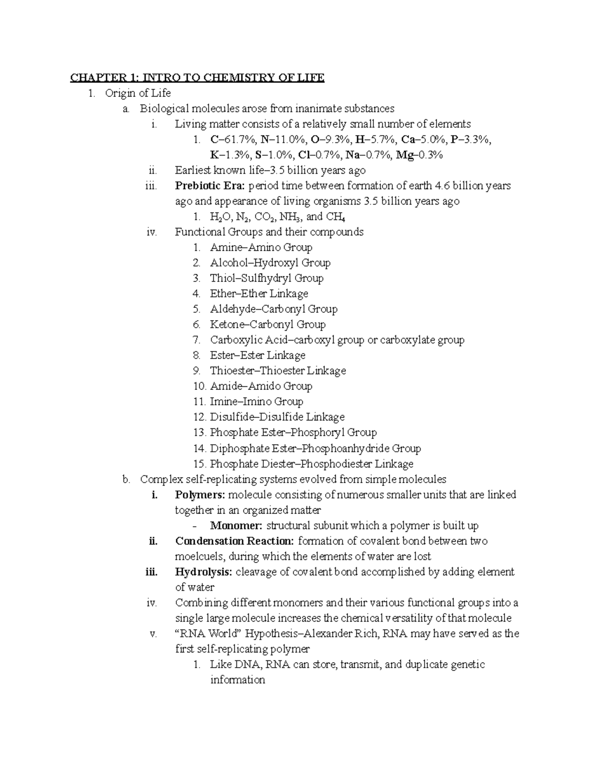 CHEM 365 Chapter 1 - Intro to Chemistry of Life Notes - Studocu