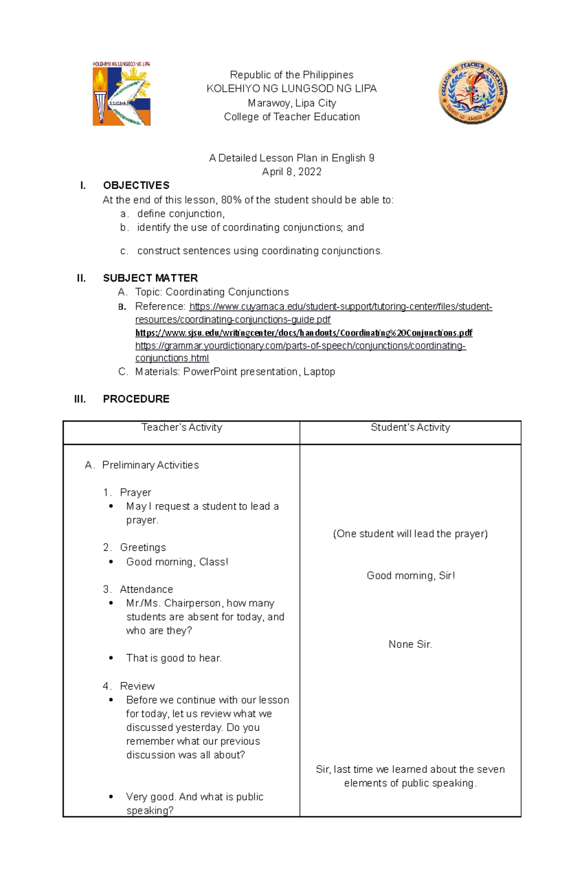 DLP Practice Teaching Coordinating conjunctions 5th demo - Education ...