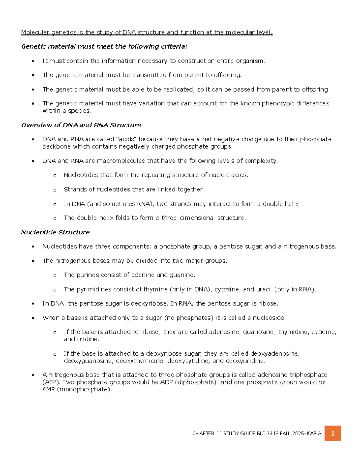 CHAPTER 11 STUDY GUIDE: MOLECULAR GENETICS (BIO 2313 FALL 2025) - Studocu