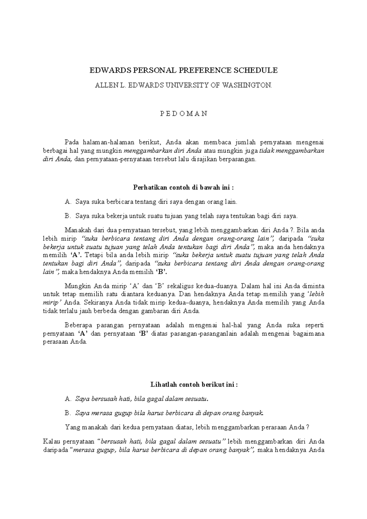EDWARDS PERSONAL PREFERENCE SCHEDULE (EPPS) - Soal dan Proses - Studocu