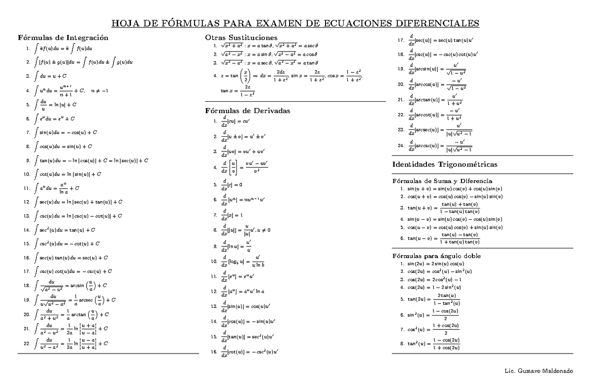 Hoja de Formulas Ecuaciones - HOJA DE F ́ORMULAS PARA EXAMEN DE ...