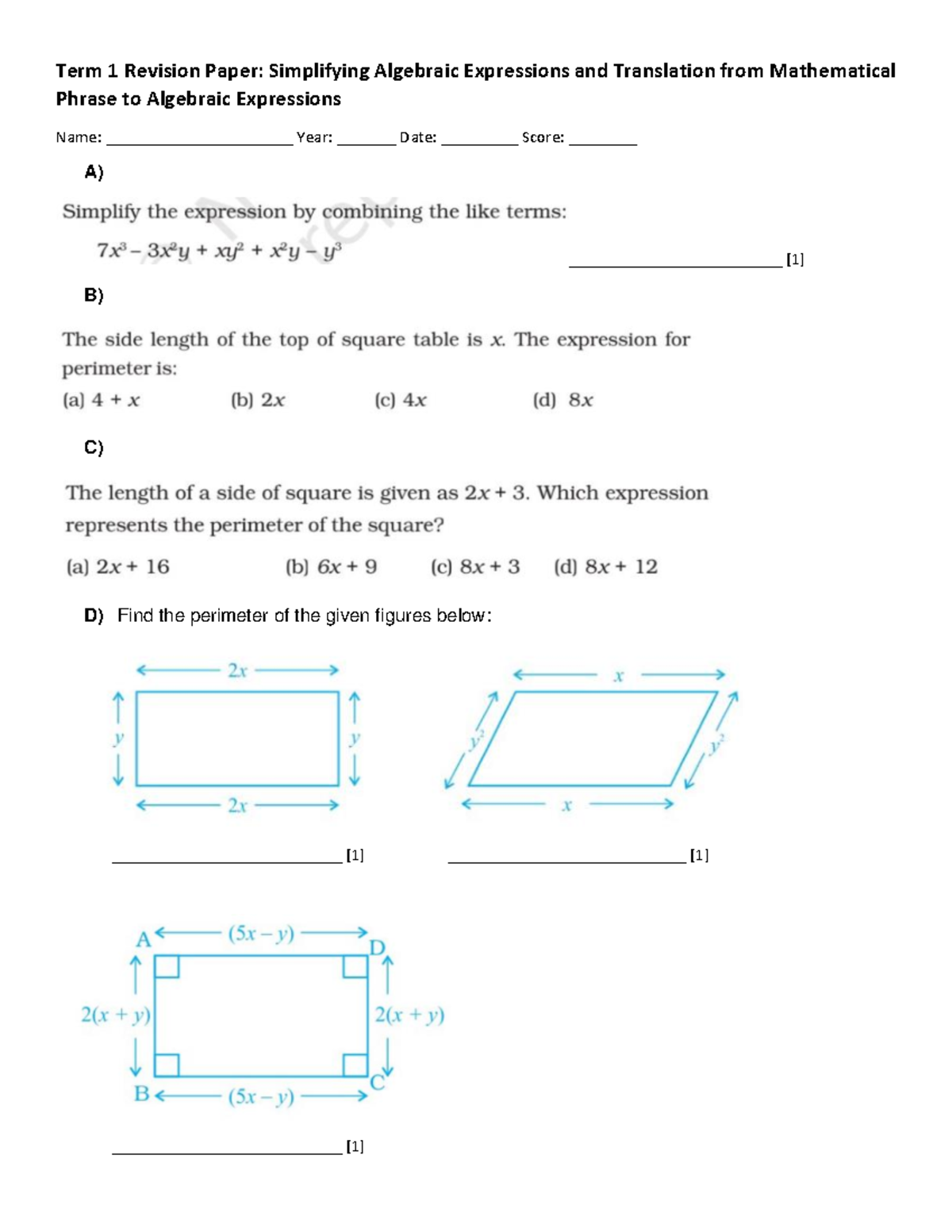 Revision - Algebraic Expressions and Translation - Mathematics - Term 1 ...