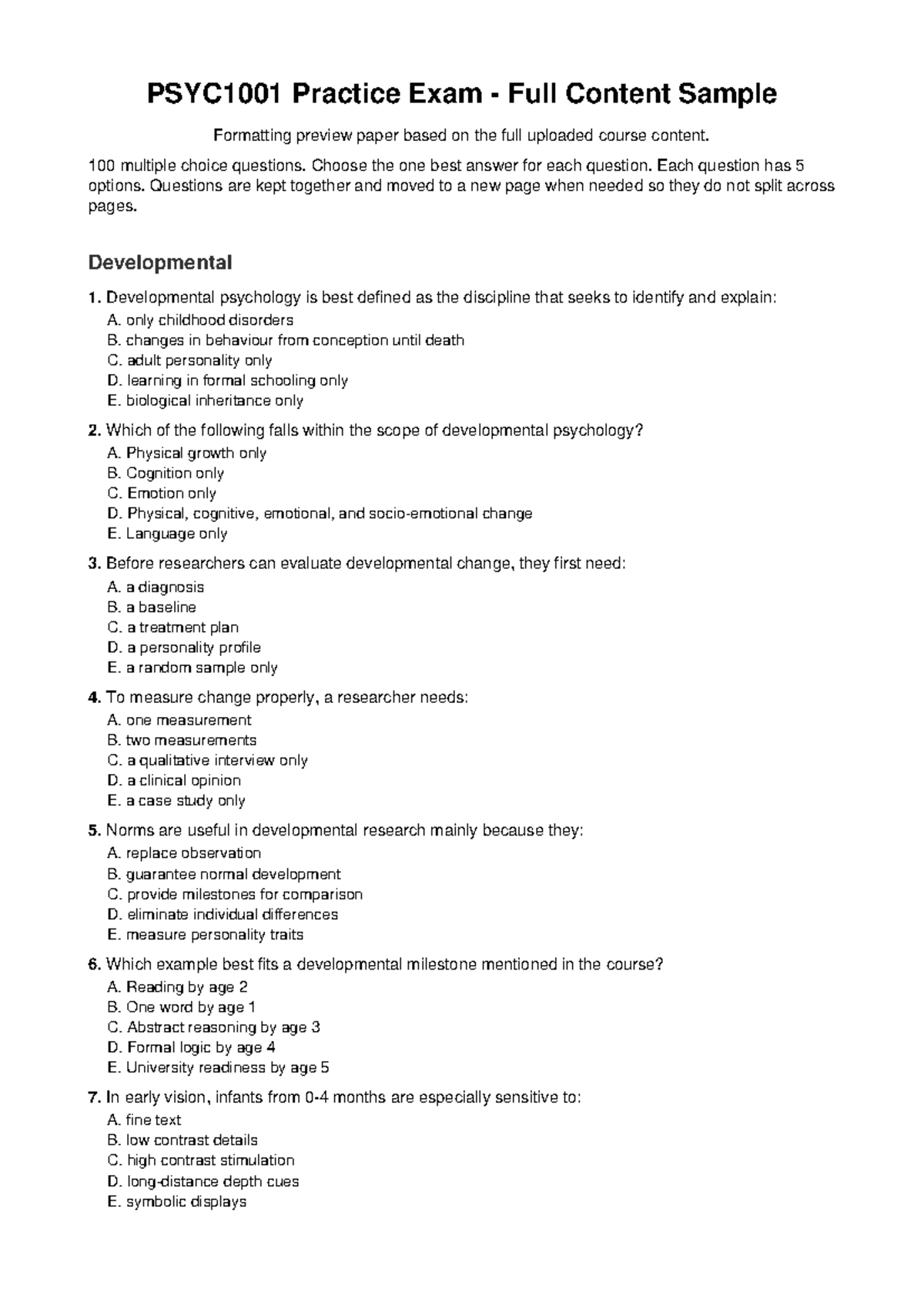 PSYC1001 Practice Exam: Comprehensive Sample with 100 MCQs - Studocu