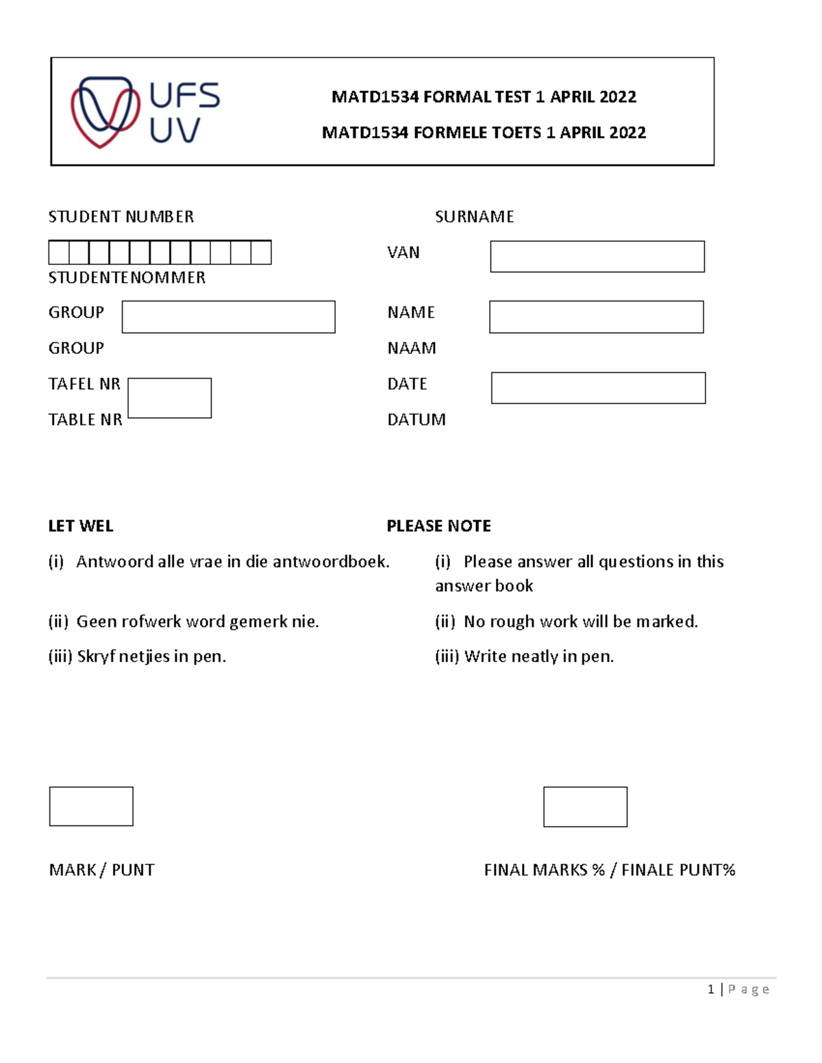 MATD 1534 Test 1 2022 - Precalculus past paper - STUDENT NUMBER SURNAME ...