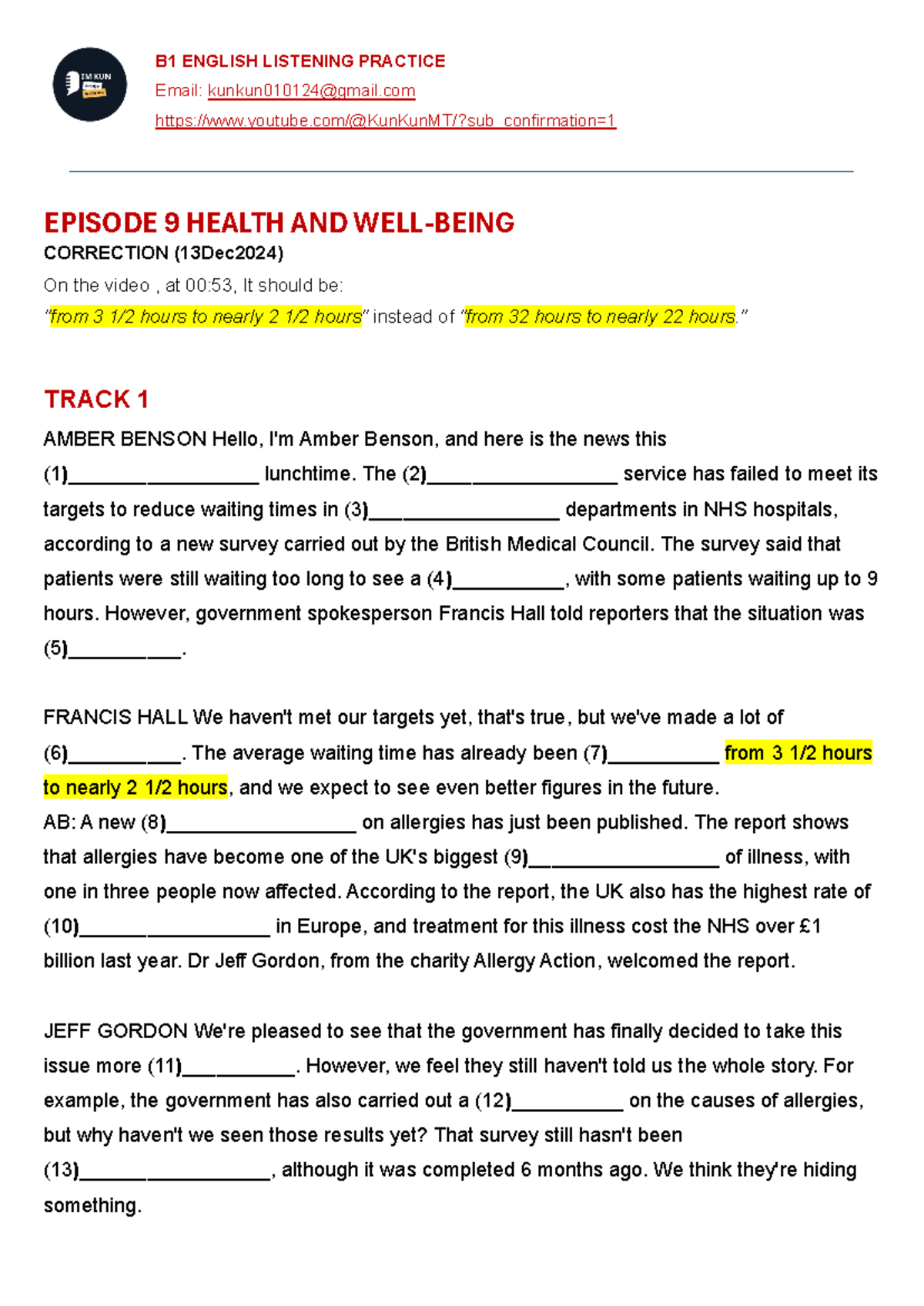 B1 ENGLISH LISTENING PRACTICE - EPISODE 9: HEALTH & WELL-BEING - Studocu