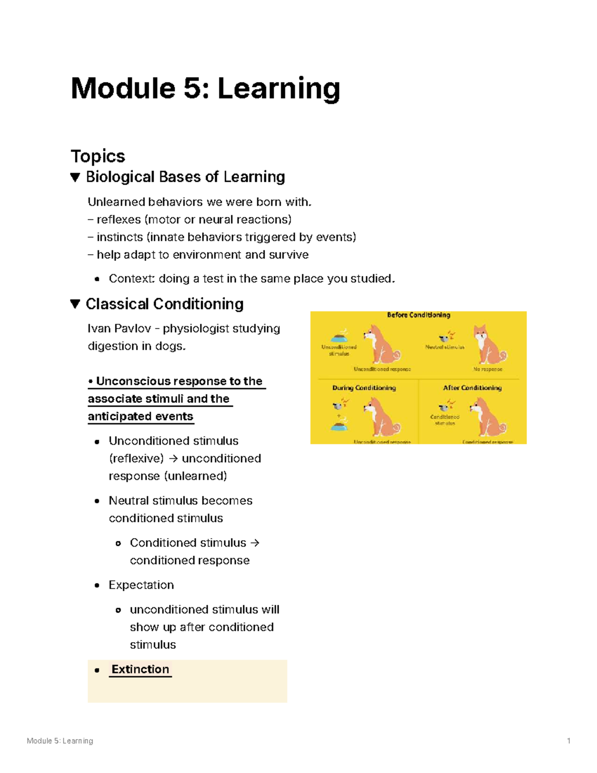 Module 5: Learning - Biological Bases & Classical Conditioning - Studocu