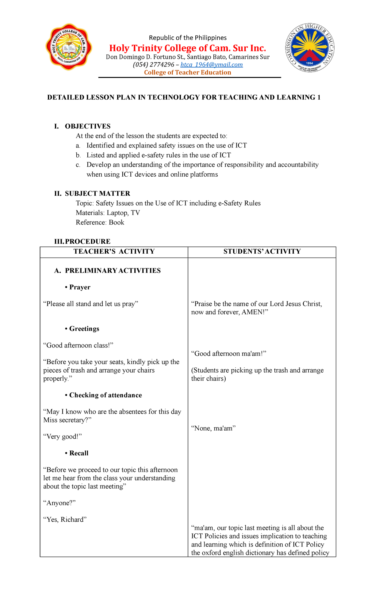 TTL 1- LP drea - Example of Lesson Plan for Secondary Level - Holy ...