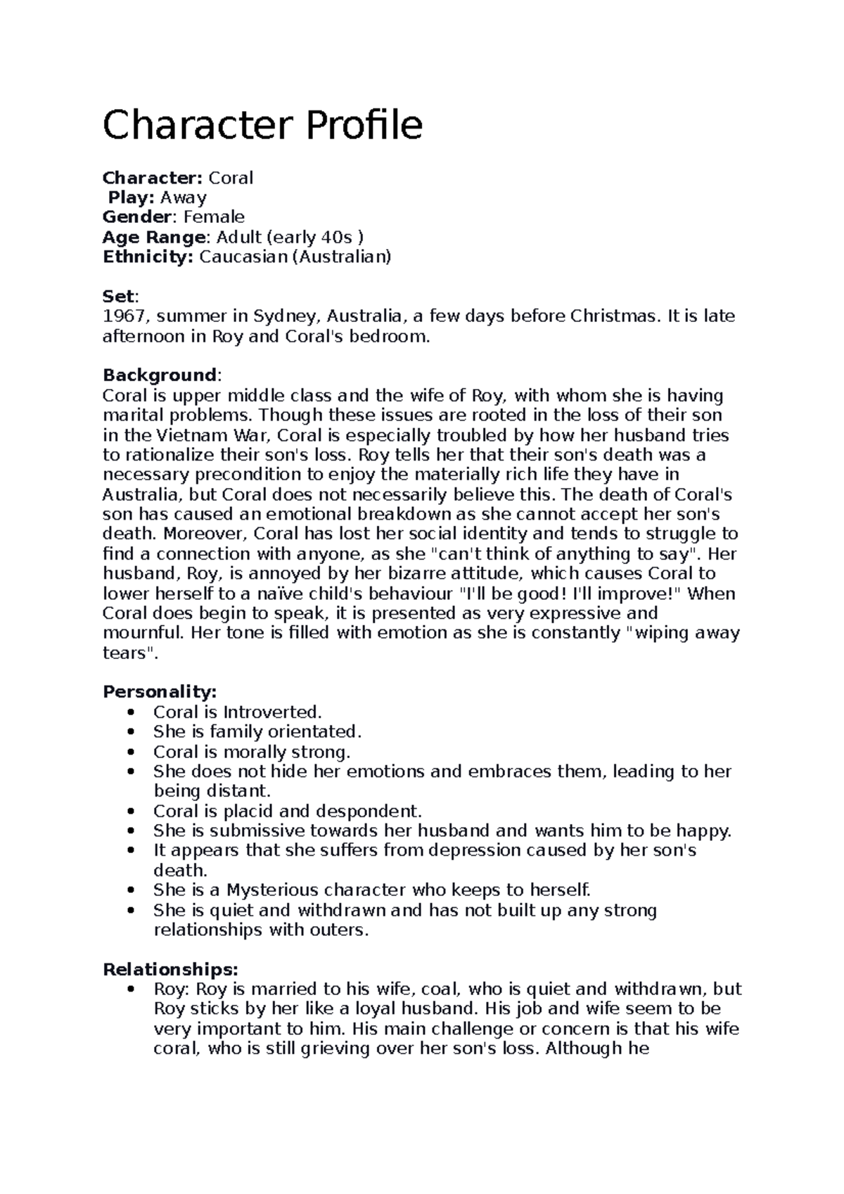 Character Profile of Coral in Michael Gow's "Away" - Stanislavski ...