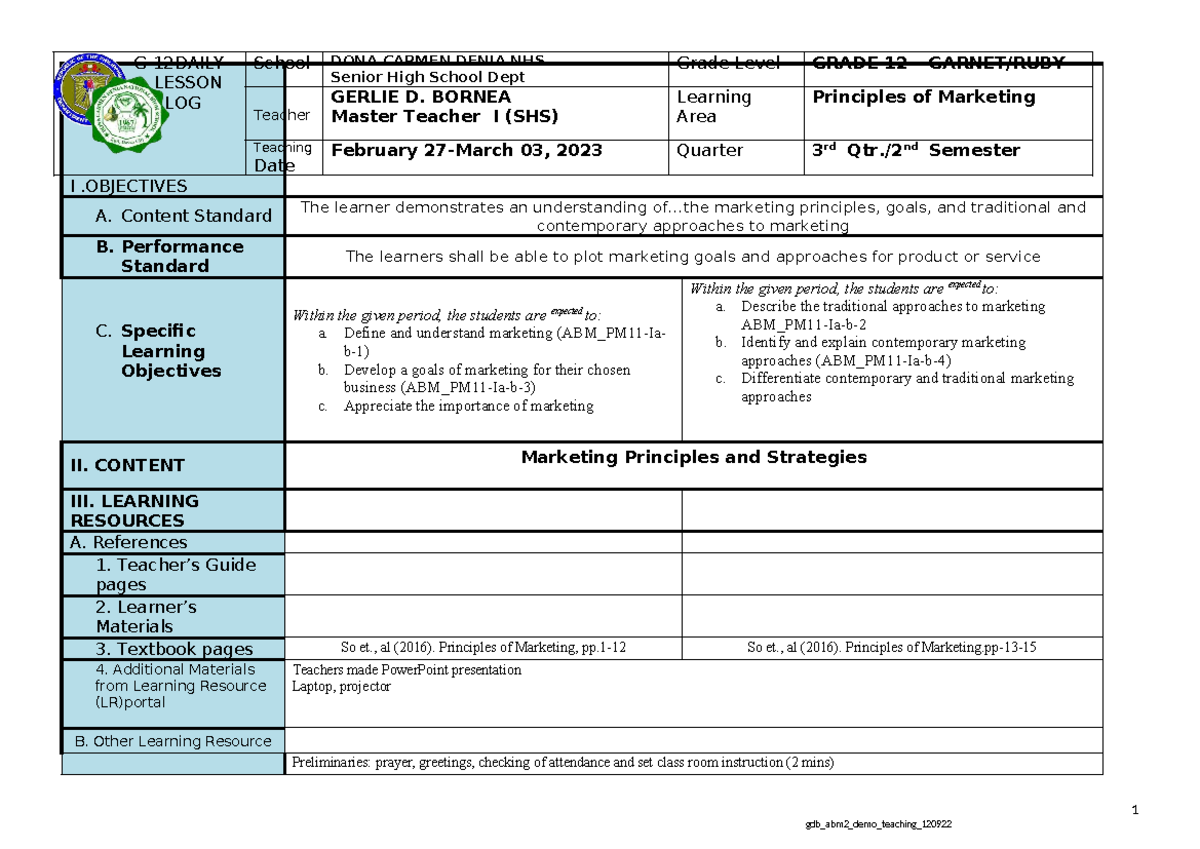 GRADE 12 Principles of Marketing Lesson Log - Week 1 - Studocu