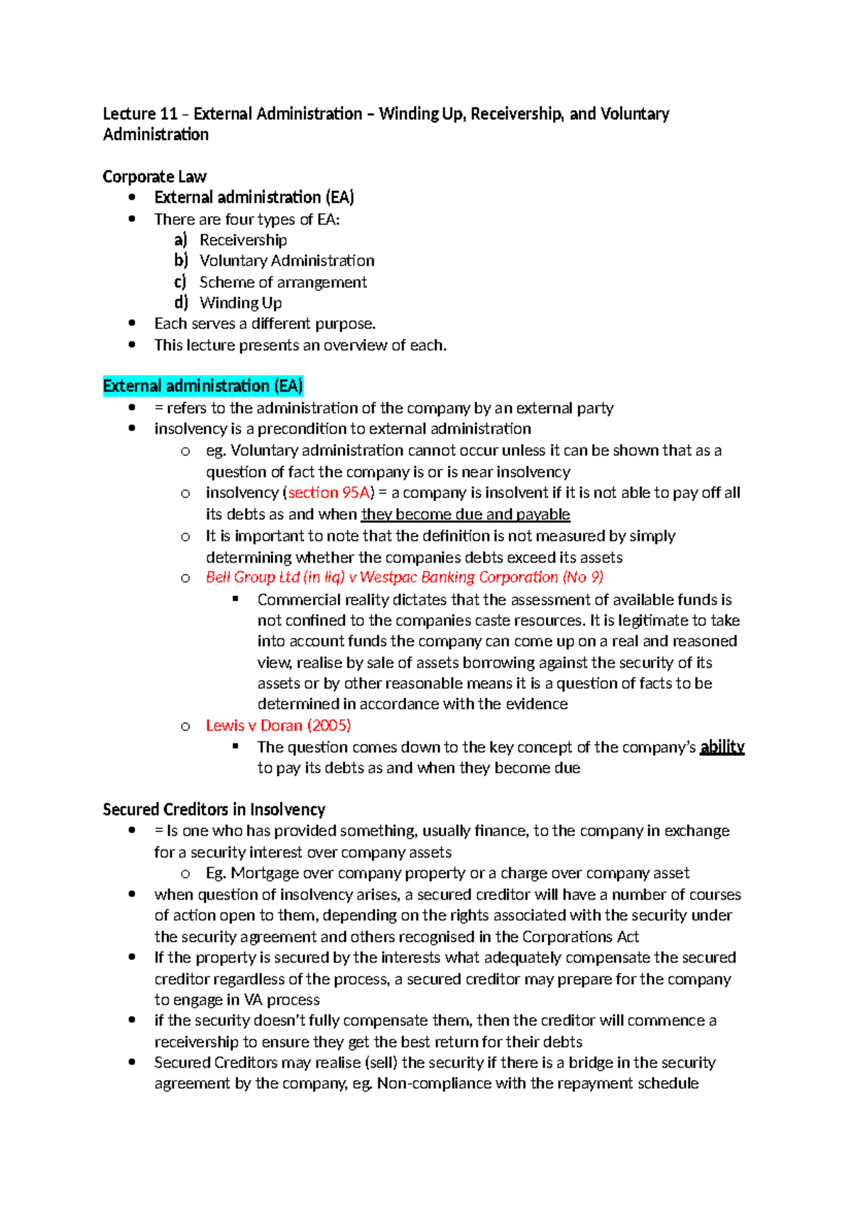 Lecture 11: External Administration - Winding Up, Receivership ...